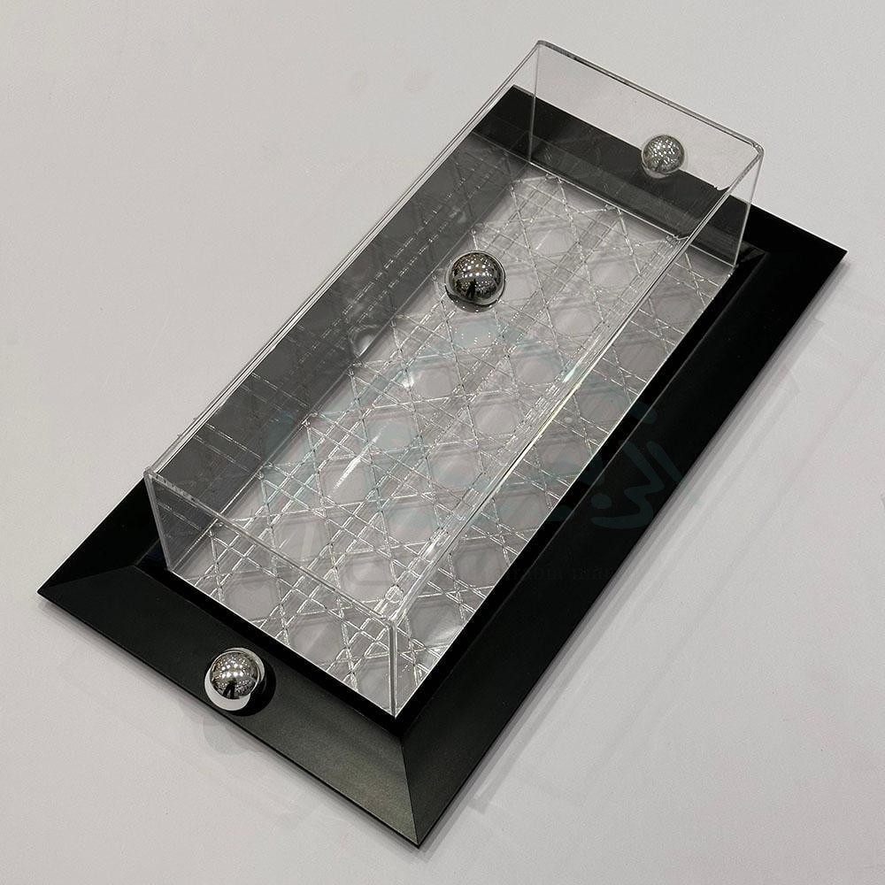 Cake and dessert serving tray with rectangular decorative acrylic cover